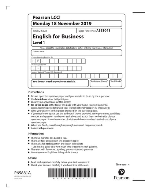 Lcci English For Business Reading And Writing Level 1 Ase1041 Nov 2019 Final Pdf Question