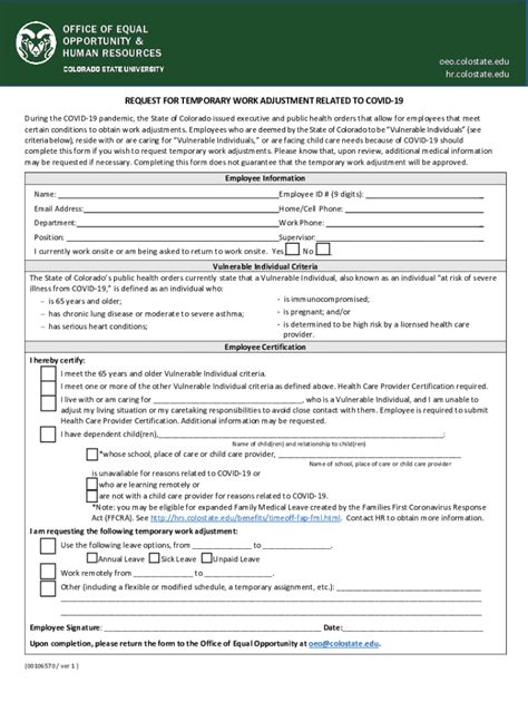 Fillable Online Oeo Colostate Csu Request For Temporary Work Adjustment