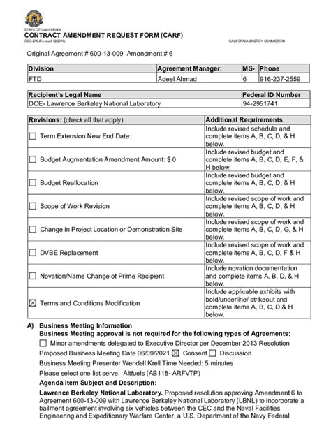 Fillable Online State Of California Contract Amendment Request Form