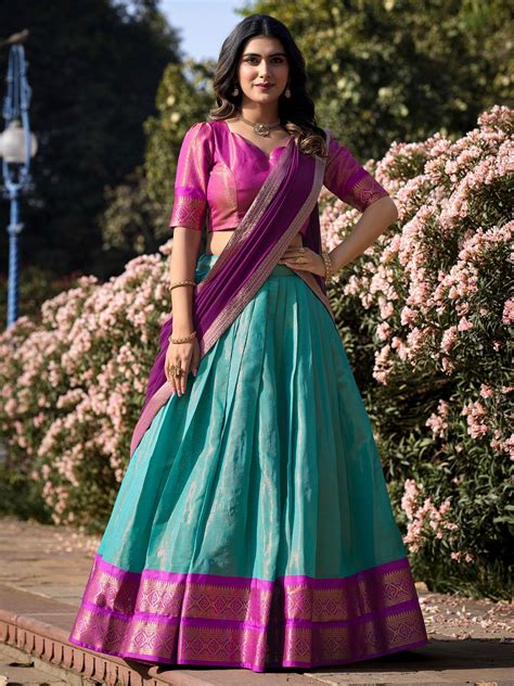 Buy Sky Blue Zari Weaving Kanchipuram Silk Lehenga Choli From Ethnic Plus