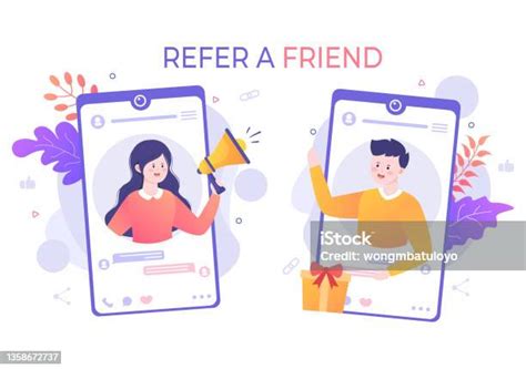 배너 배경 또는 포스터를 통해 친구를위한 화면 휴대 전화 및 소셜 미디어 마케팅에 메가 폰과 친구 플랫 디자인 일러스트를 참조하십시오 우정에 대한 스톡 벡터 아트 및 기타