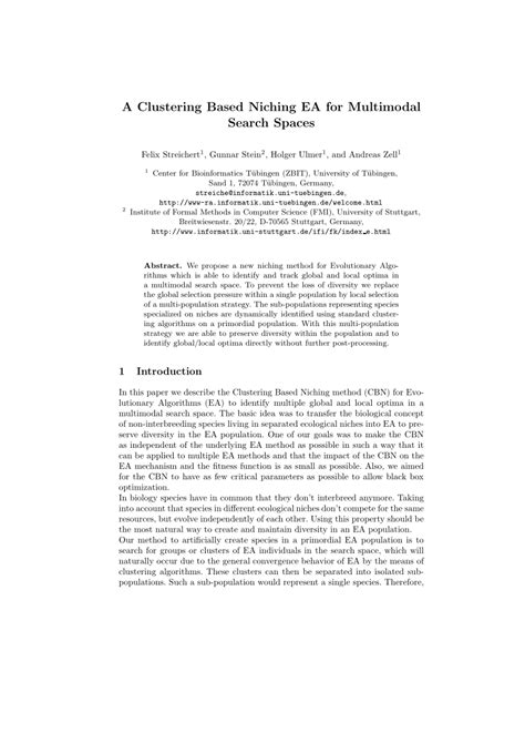 Pdf A Clustering Based Niching Ea For Multimodal Search Spaces