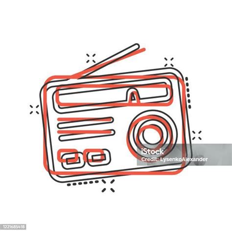 만화 스타일의 라디오 아이콘입니다 흰색 고립 된 배경에 Fm 방송 만화 벡터 일러스트레이션 라디오 캐스트 스플래시 효과 비즈니스
