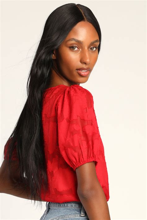 Red Floral Bodysuit Burnout Bodysuit Puff Sleeve Bodysuit Lulus