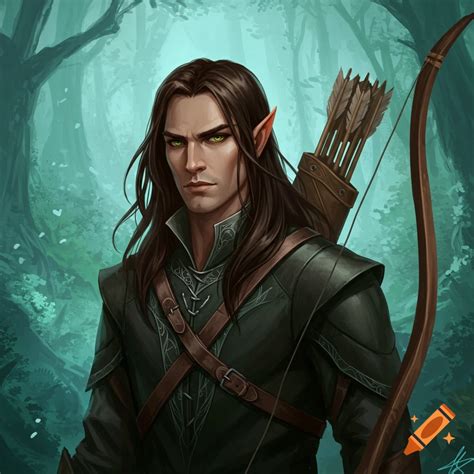 Male Elf With Long Dark Brown Hair Green Eyes Dark Green Tunic And