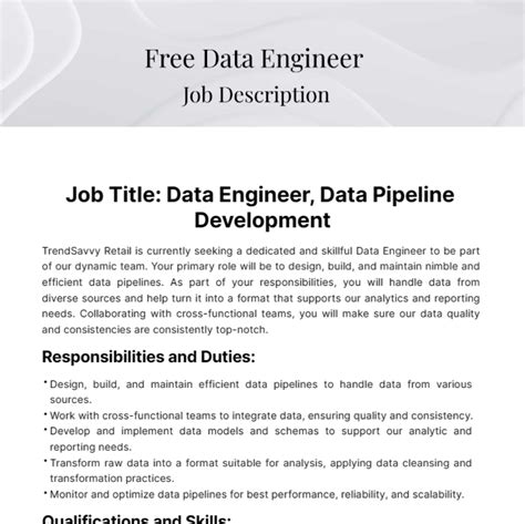 Free Data Engineer Job Description Template To Edit Online