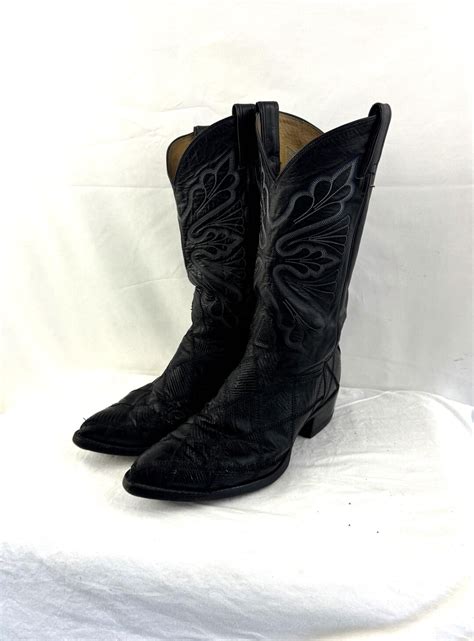 Vintage Tony Lama Western Black Leather Cowboy Boots Size 10 1 2 Etsy