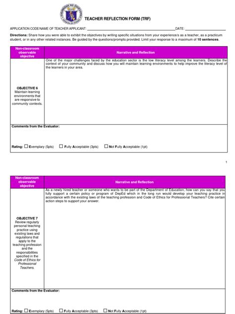 Teacher Reflection Form Trf 2024 Pdf Teachers Learning