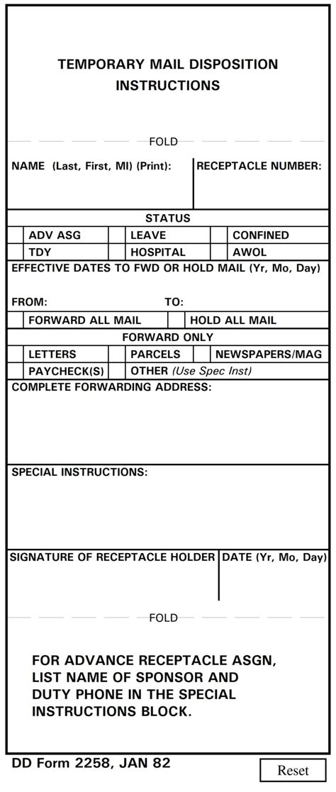 Dd Form 2258 Temporary Mail Disposition Instructions Dd Forms