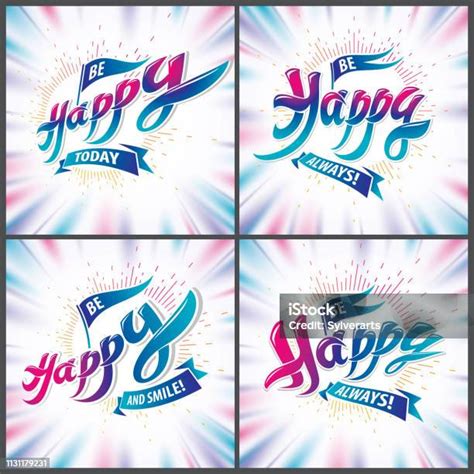 행복 한 기쁨과 밝은 벡터 인사말 카드 설정 합니다 흐리게 화려한 추상적 인 배경에 배치 아름 다운 레터링 구성 포함 인쇄에 허용 되는 Cmyk 색상이 있는 정사각형 모양