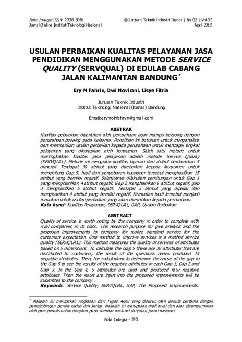 Pdf Usulan Perbaikan Kualitas Pelayanan Jasa Pendidikan Menggunakan Metode Service Quality