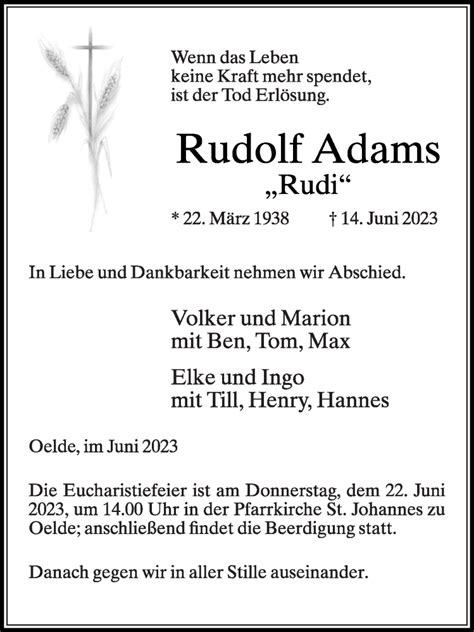 Traueranzeigen Von Rudolf Adams Trauerdie Glockede