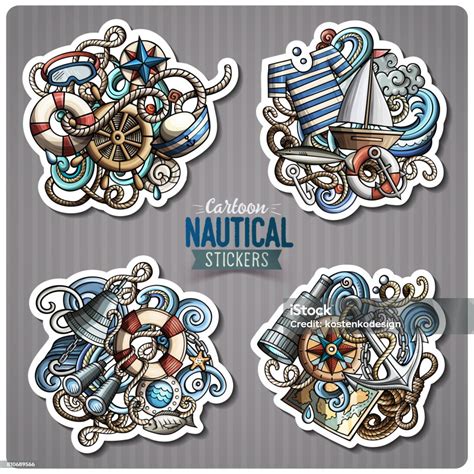Ensemble Dautocollants De Dessin Animé De Doodle Nautique Vecteurs