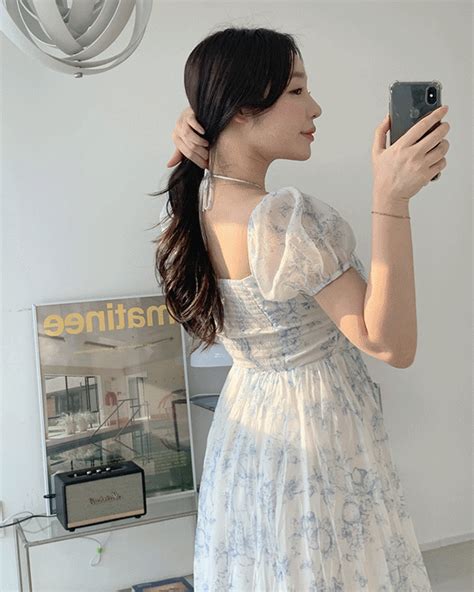 플랫퍼 [무료배송]오브제 블루 플라워 리본 스퀘어넥 퍼프 오프숄더 쉬폰 롱원피스