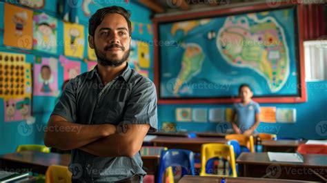 Confident Brazilian Public School Teacher Standing In Cheerful