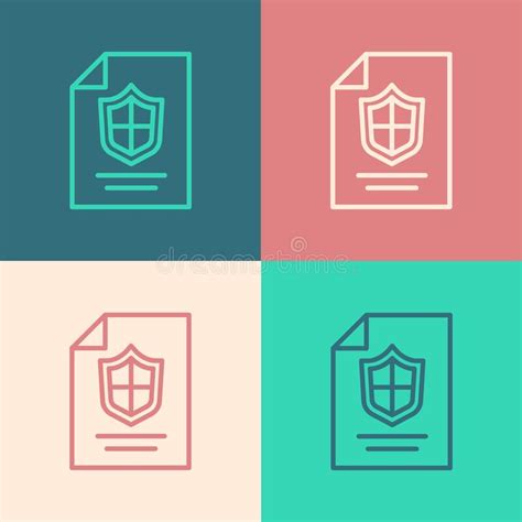 Pop Art Line Contract With Shield Icon Isolated On Color Background Insurance Concept Stock