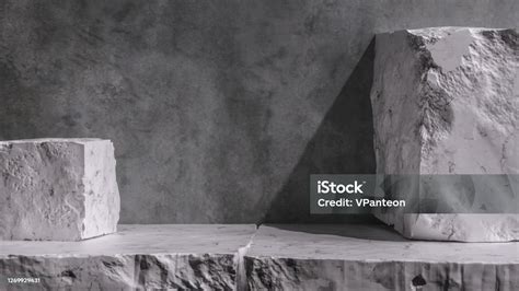 제품 설정 연단 깨진 돌 석판 회색 대리석 돌 플랫폼 거친 질감 블록 개체 배치 3d 렌더링 흰색에 대한 스톡 사진 및 기타 이미지 Istock