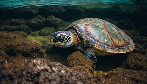 Slow Sea Turtle Swimming In Tropical Waters Generated By Ai Stock