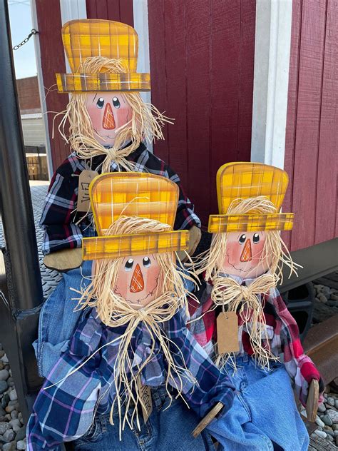 Scarecrow Fall Porch Decor Wood Dressed Sitter Hay Bale Etsy