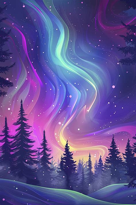 눈 덮인 소나무 위에 하늘에 화려한 오로라 보레알리스 배경 배경 화면 및 일러스트 무료 다운로드 Pngtree