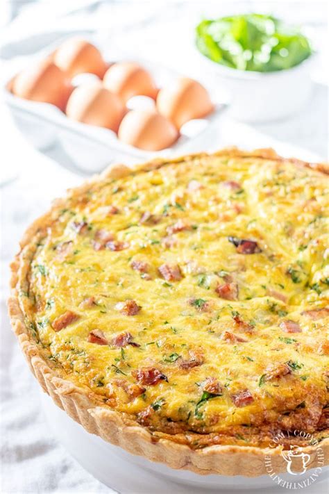 Classic Ham And Cheese Quiche With Fresh Spinach