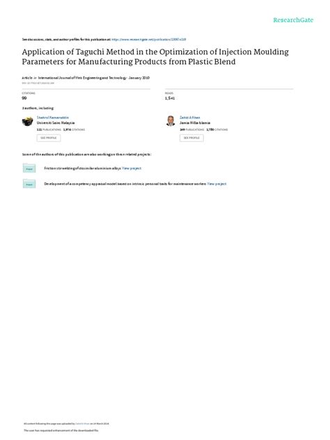 Optimization Of Injection Moulding Parameters For Low Shrinkage Plastic Products Pdf Signal