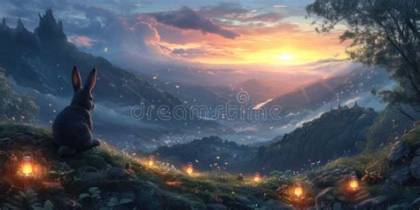 Rabbit Sitting At Hill While Looking At Twilight Sky With Fantasy Lamp AIG Stock Image