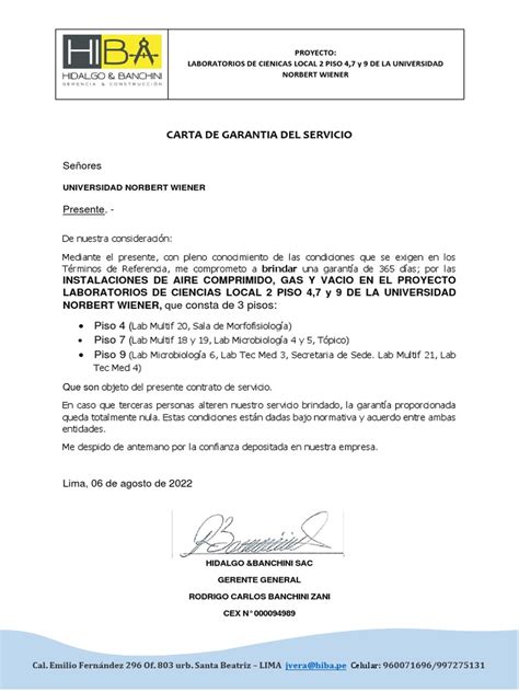 Carta De Garantia Del Servicio De Instalaciones De Gas Aire Comprimido