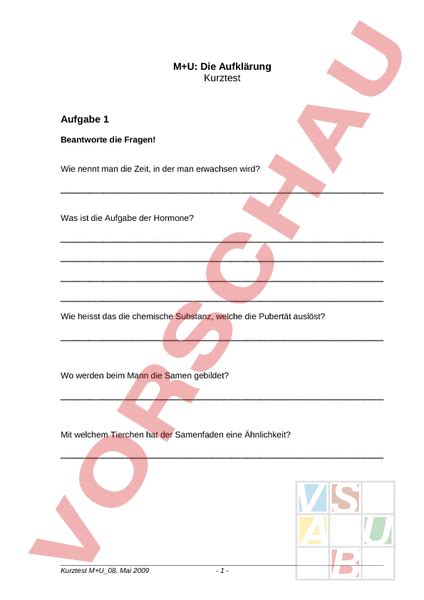 Arbeitsblatt Test Aufklärung Lebenskunde Sexualerziehung