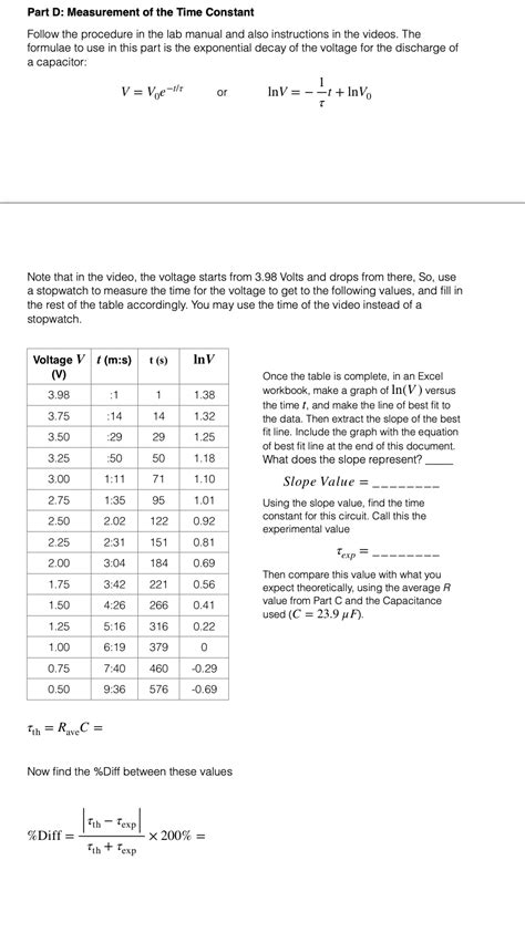 Solved Part D Measurement Of The Time Constant Follow The Chegg