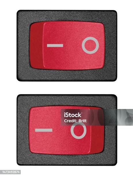 빨간색 전원 로커 스위치 켜기 끄기 위치 격리된 매크로 근접 촬영 큰 디테일한 수직 플랫 레이 검은색 프레임 흰색 배경 스위치에 대한 스톡 사진 및 기타 이미지 Istock