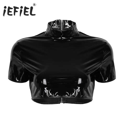 Iefiel Women Fashion Wetlook T Shirts Faux Leather Stand Collar Back
