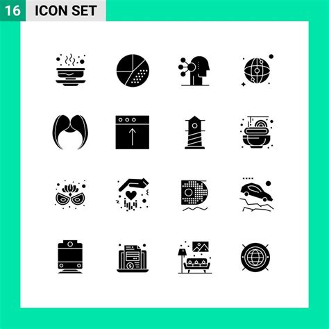 Pack Of 16 Creative Solid Glyphs Of Moustache Map Search World Concentration Editable Vector