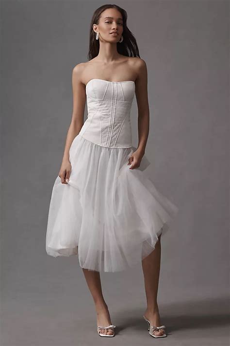 Bhldn Strapless A Line Satin Tulle Skirt Midi Dress Anthropologie