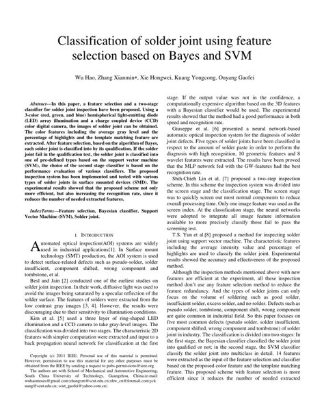 pdf classification of solder joint using feature selection based on