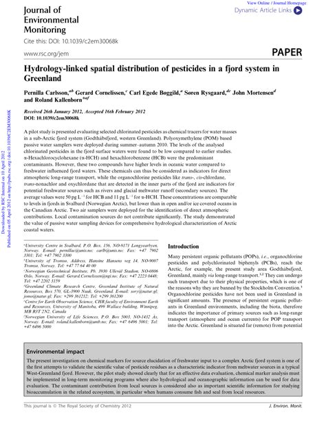 Pdf Hydrology Linked Spatial Distribution Of Pesticides In A Fjordsystem In Greenland