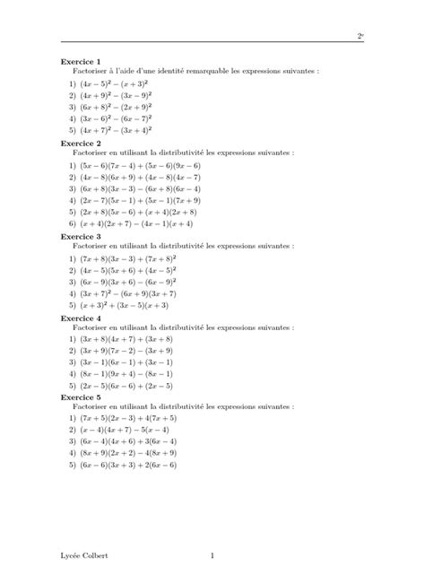 Exercices De Factorisation Pour 2nde Pdf