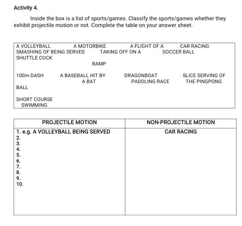 Activity Inside The Box Is A List Of Sports Studyx