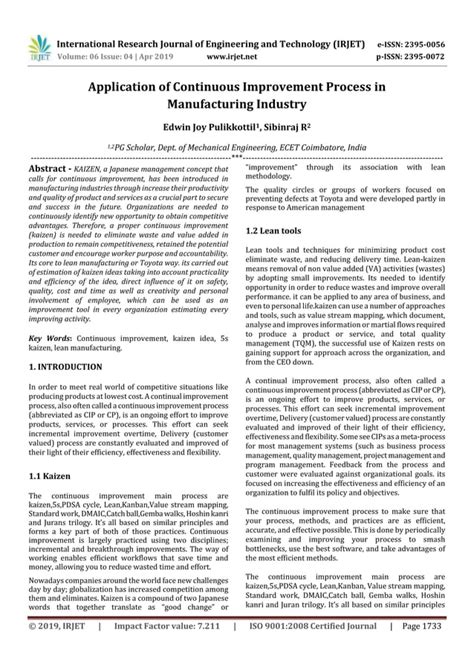 IRJET Application Of Continuous Improvement Process In Manufacturing