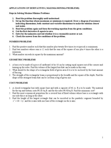 042 Applications Of Derivatives Word Problems Rev2018 Pdf Area Maxima And Minima