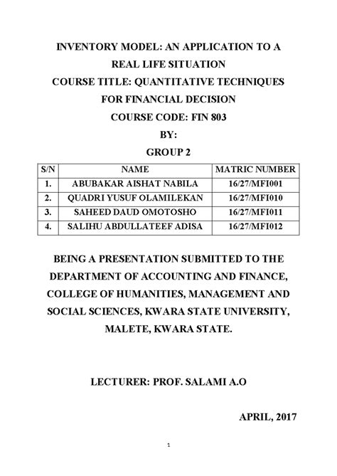 QT Assignment INVENTORY MODEL AN APPLICATION TO A REAL LIFE SITUATION COURSE TITLE