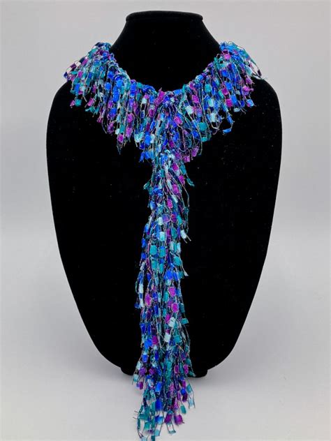 Peacock Feather Blue Knitted Scarf Necklace Sparkling Ladder Yarn