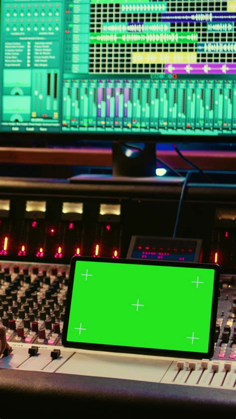 Vertical Sound Engineer Expert Recording Audio Tracks Next To Tablet
