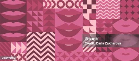 발렌타인 데이 벡터 일러스트 레이 션 와 핑크 입술 와 Bauhaus 추상 기하학적 도형 배경 포스터 인쇄 초대장 웹 배너 카드 전단지에 대 한 현대적인 디자인 패턴 템플릿