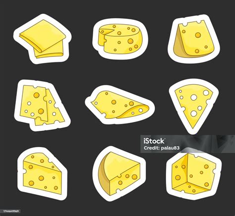 치즈 조각과 슬라이스 스티커 책갈피 파마산 치즈 모짜렐라 치즈 홀랜다이즈 리코타 치즈 다양한 종류의 조각 손 스타일 벡터 그리기 디자인 요소 모음입니다 개체 그룹에 대한