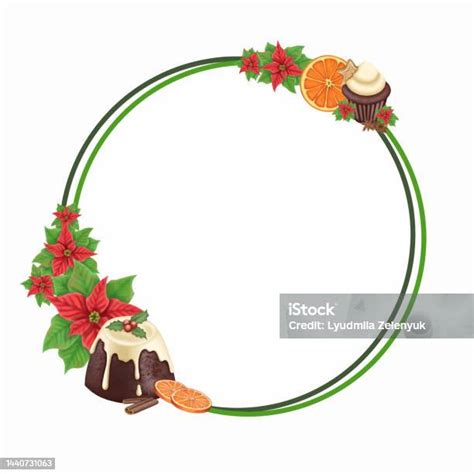 크리스마스 장식입니다 홀리 잎 오렌지 겨우살이 가지가 있는 둥근 프레임 디지털 방식으로 그려졌습니다 0명에 대한 스톡 벡터 아트 및 기타 이미지 Istock