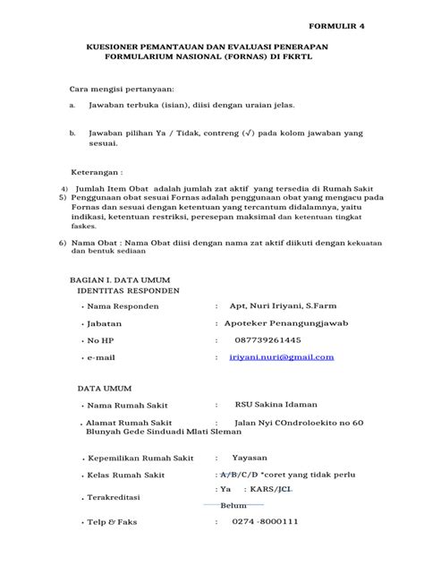 Kuesioner Penerapan Fornas Rs Sakina Idaman Pdf Pengembangan Diri