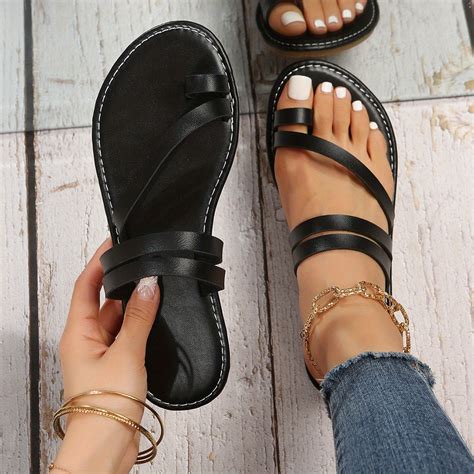 Womens Toe Loop Flat Slide Sandals Casual Open Toe Strappy Non Slip
