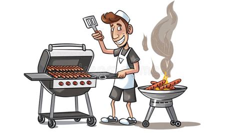 Cartoon Of A Smiling Man Grilling Sausages On A Barbecue Wearing An