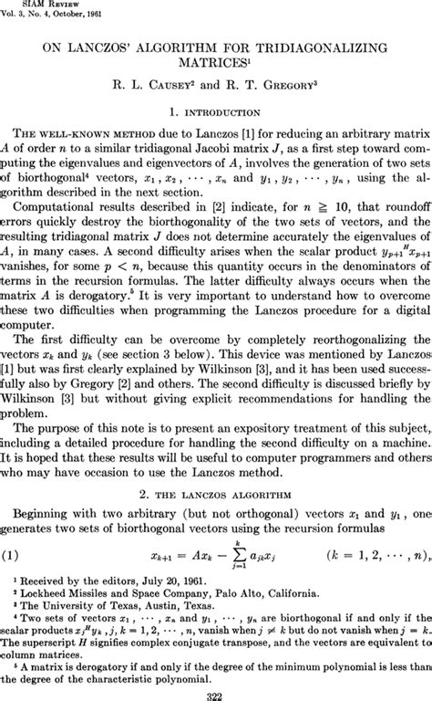 On Lanczos Algorithm For Tridiagonalizing Matrices Siam Review